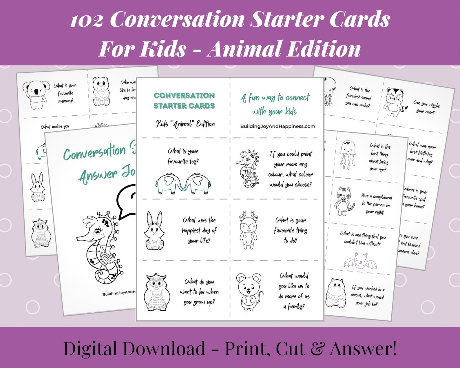 102 Conversation Starter Cards for Kids With Animal Theme, Printable ...