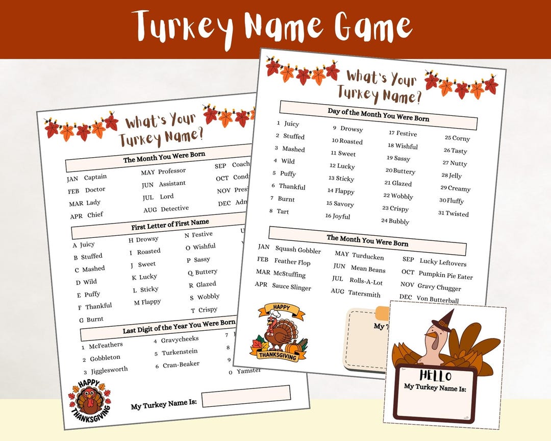 What's Your Turkey Name Game With Name Tags, Thanksgiving Family ...