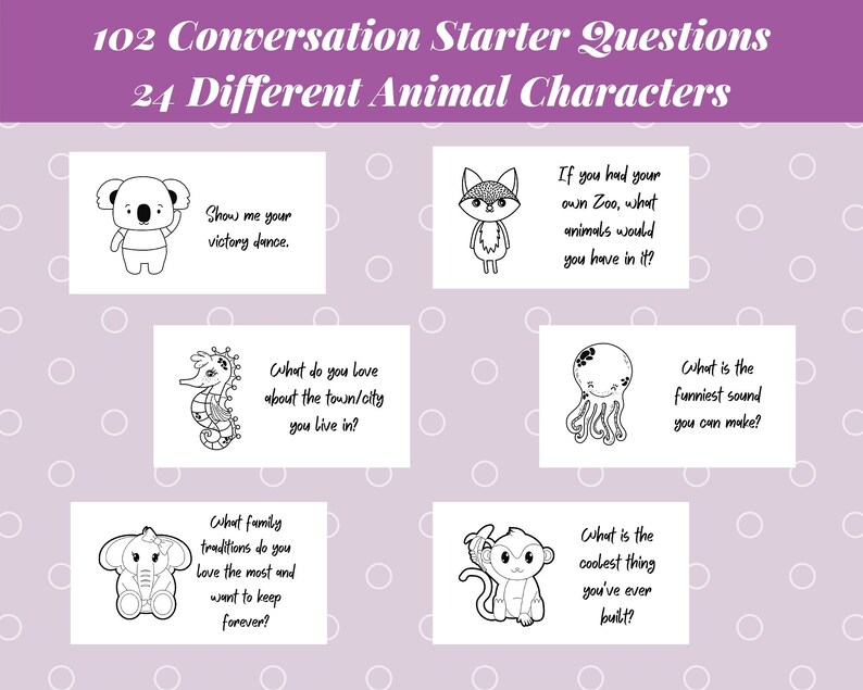 102 Conversation Starter Cards for Kids With Animal Theme, Printable ...