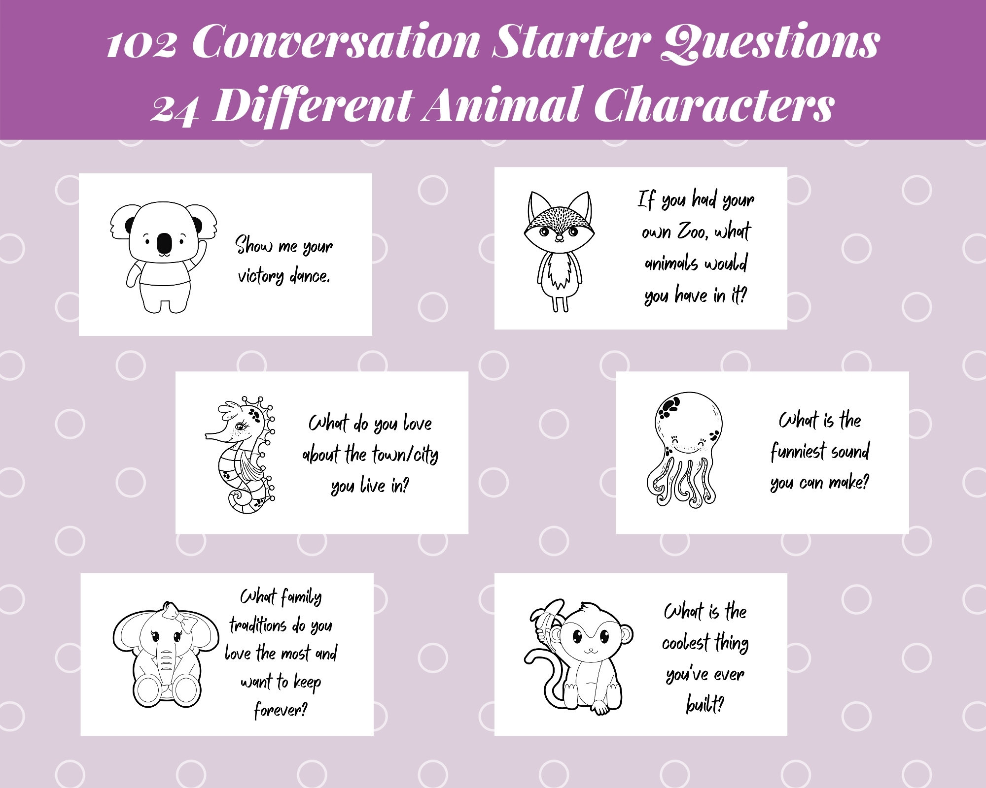 102 Conversation Starter Cards for Kids With Animal Theme, Printable ...