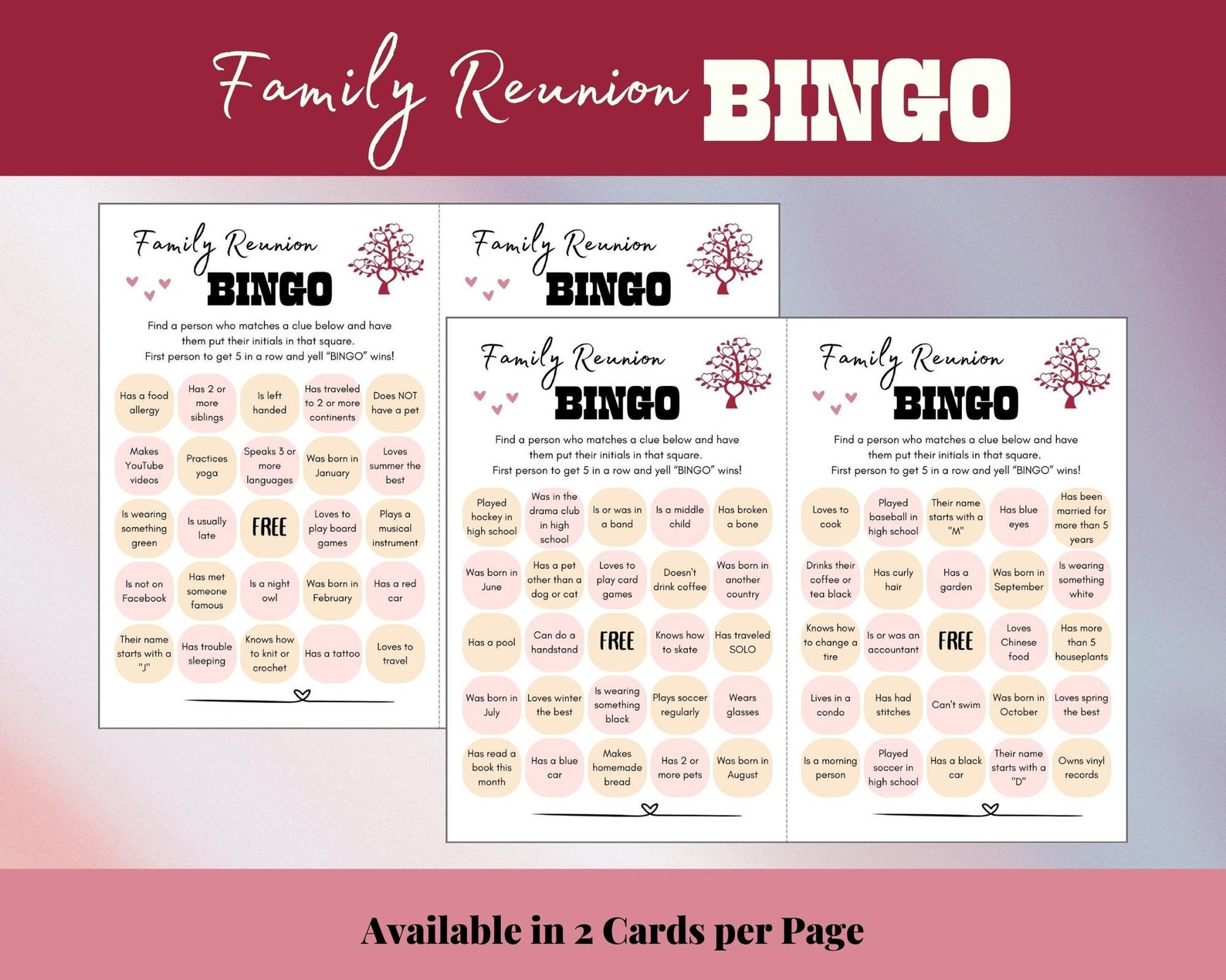 Family Reunion Bingo, Find the Guest Bingo, Team Building Games, Ice ...