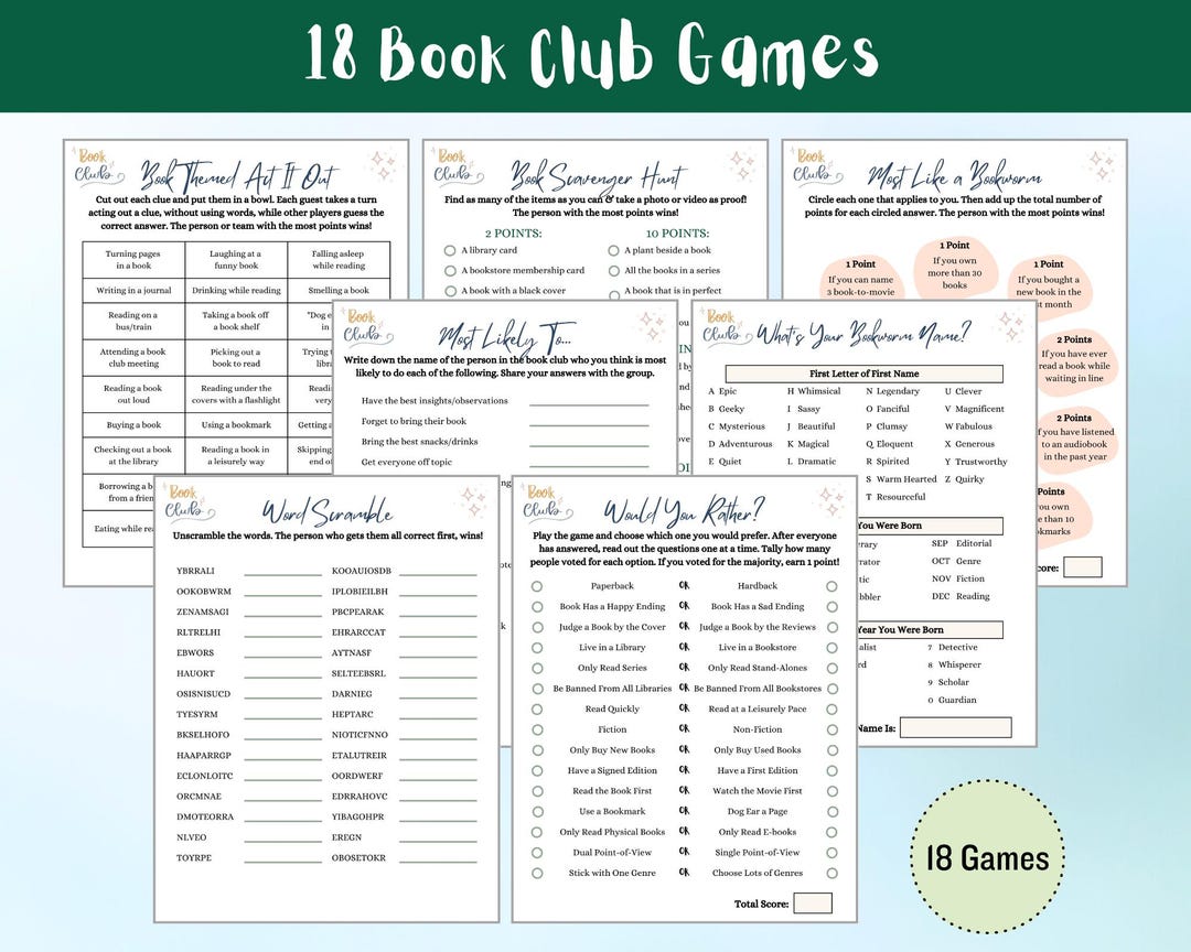 Printable Book Club Games, Book Club Activities, Literary Games, Ice ...