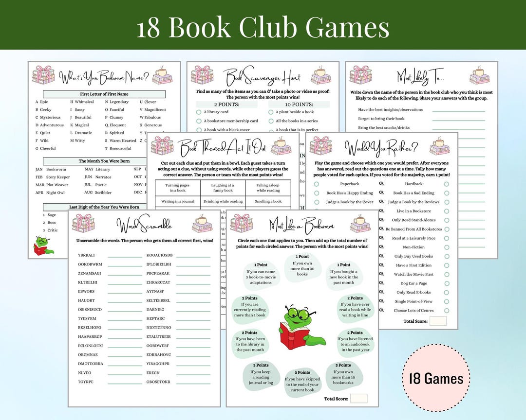 18 Book Club Games, Printable Book Club Activities, Literary Games, Ice ...