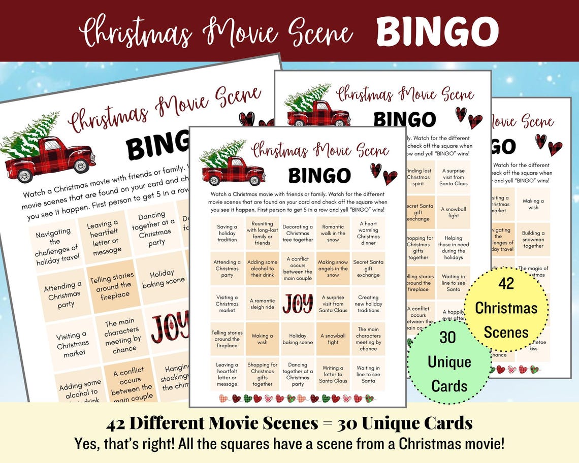 Christmas Movie Scene Bingo, 30 Unique Holiday Bingo Cards, Fun ...