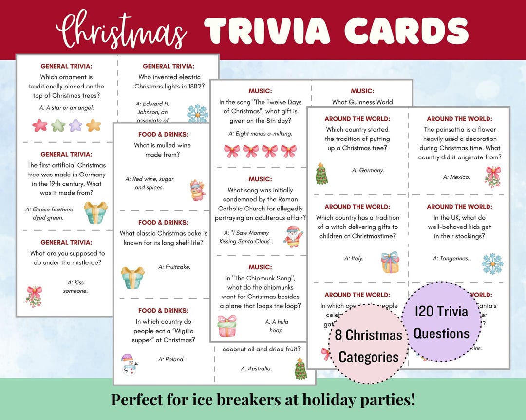 120 Christmas Trivia Questions, Holiday Trivia Card Game, Winter Trivia ...