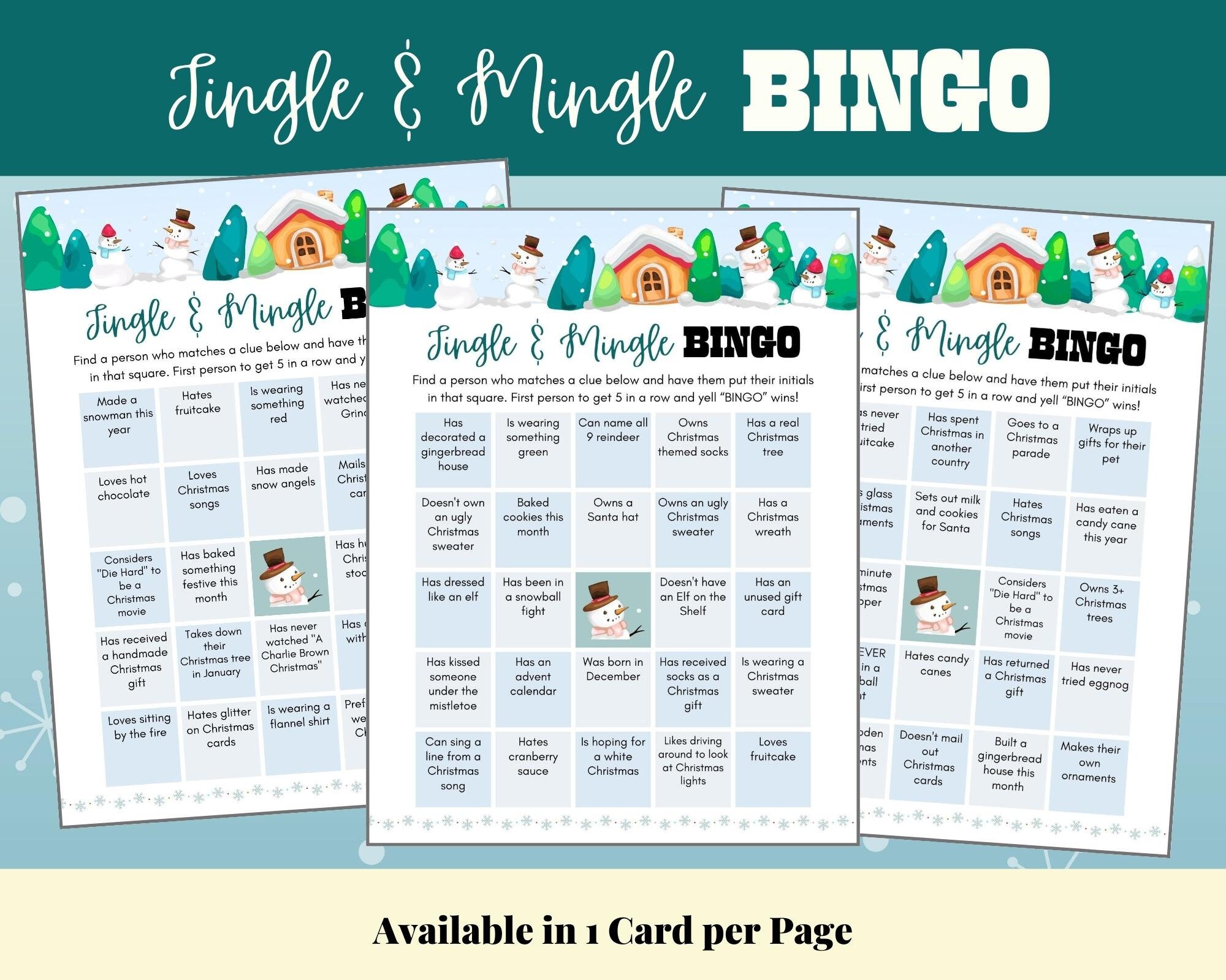 Jingle and Mingle Bingo With Playful Snowmen, Find the Guest Bingo ...