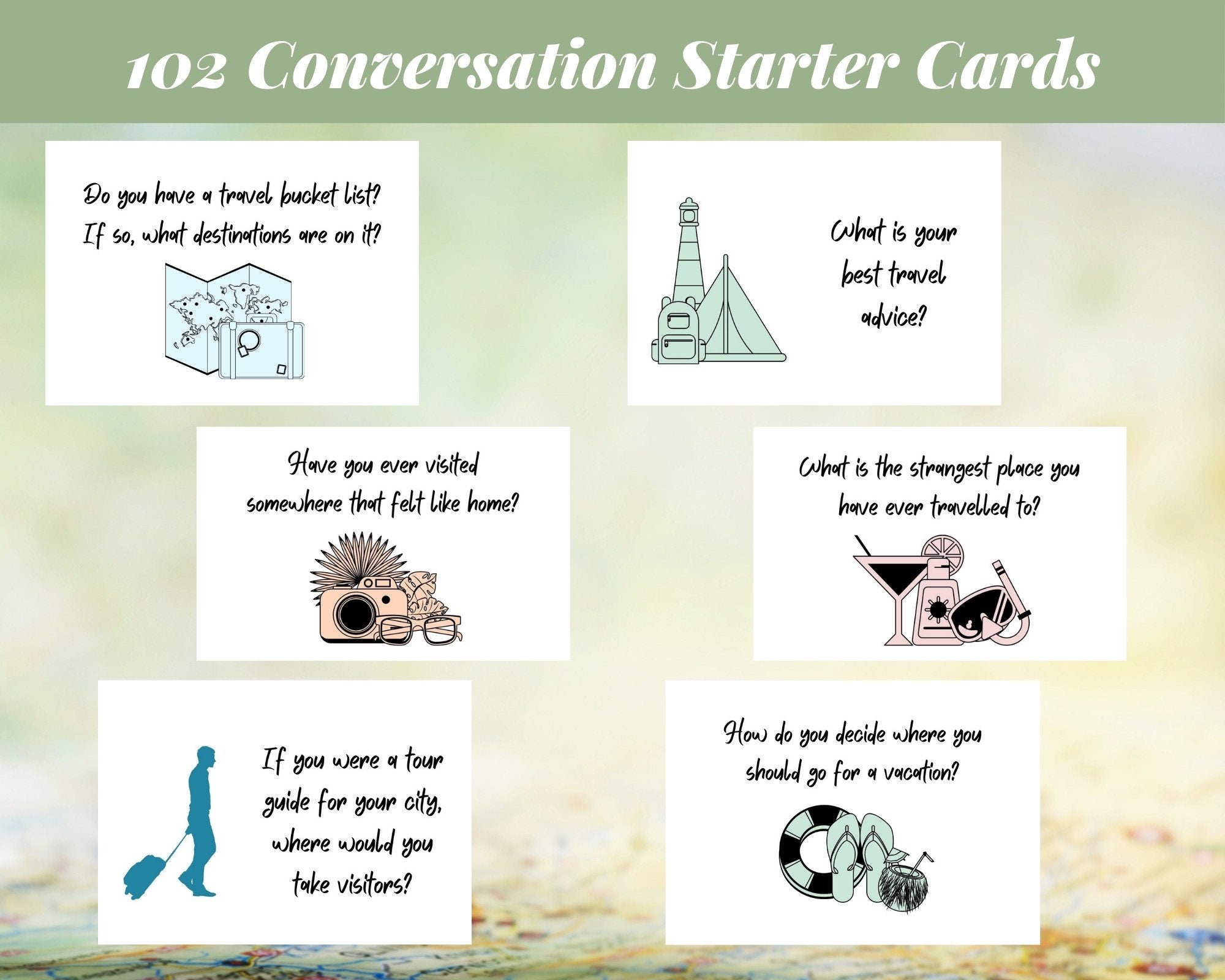 102 Travel Themed Conversation Starter Cards, Party Games, Vacation ...