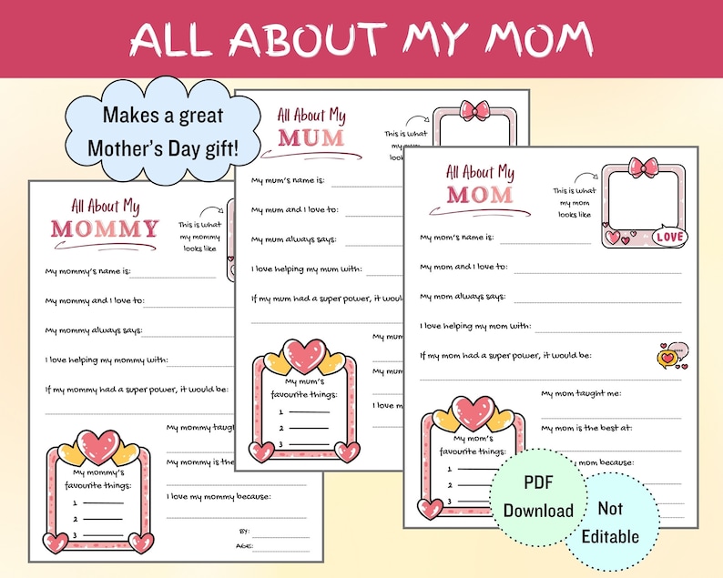All About My Mom Printable, Sentimental Keepsake, Mothers Day Presents, Meaningful Mom Gift ...