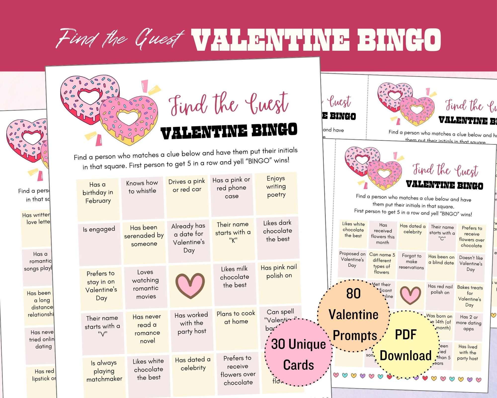 Valentines Bingo With 30 Unique Cards, Valentines Party Games, Find the ...