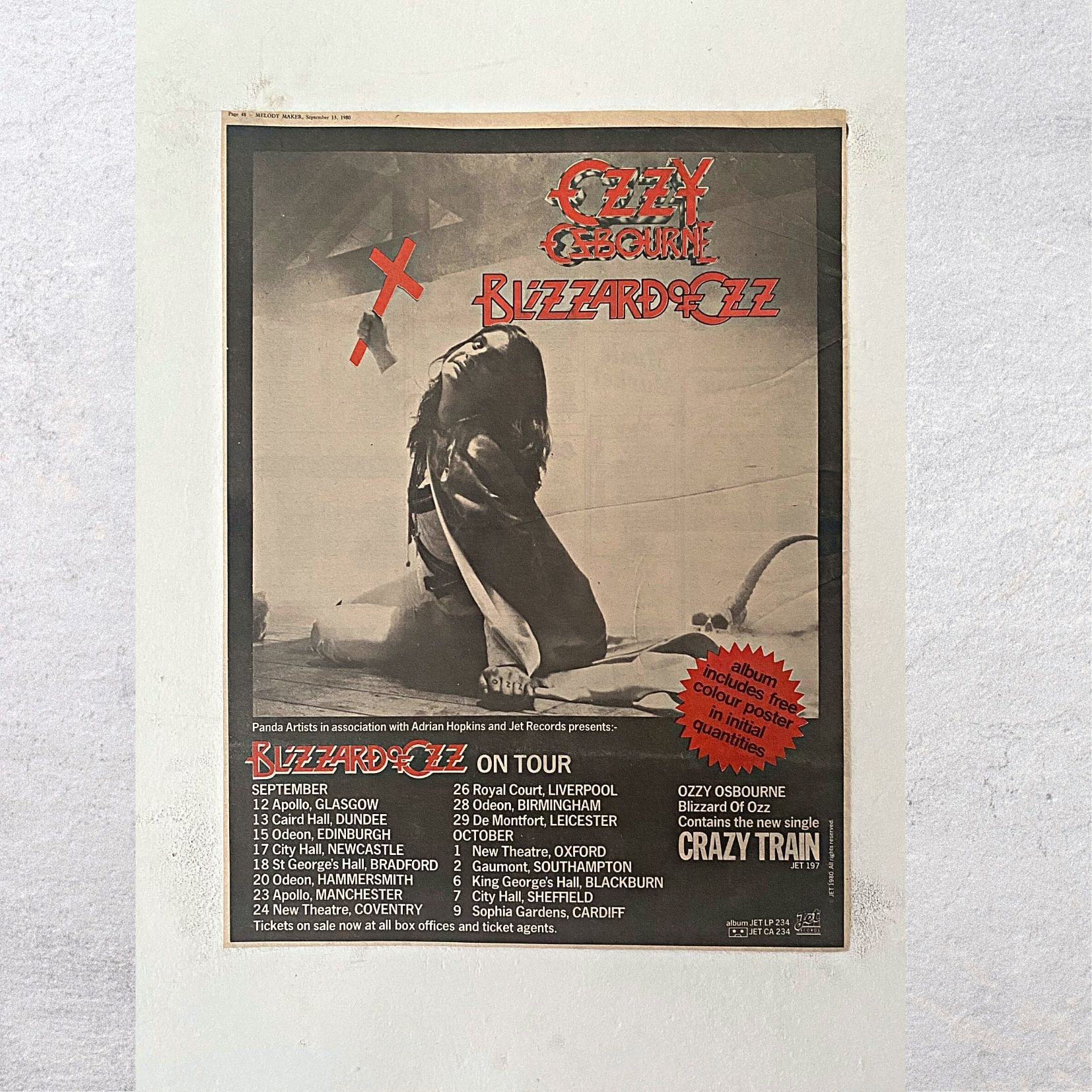 OZZY OSBOURNE Blizzard of Ozz on Tour 1980 Melody Maker - Original, Authentic, Promo Poster ...