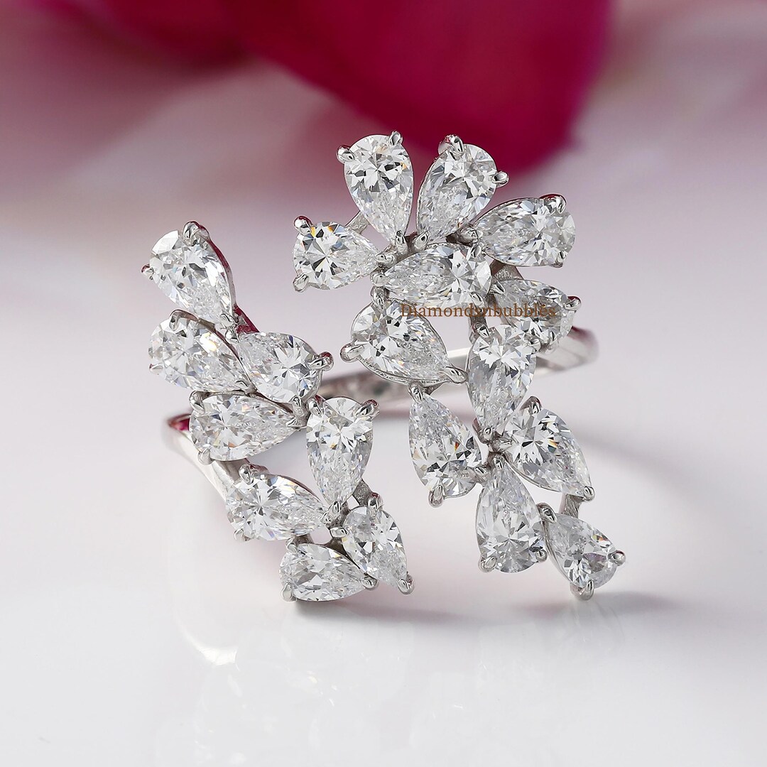 Swirl Bypass Ring, Cluster Engagement Ring Marquise Cut Leaf Inspired ...