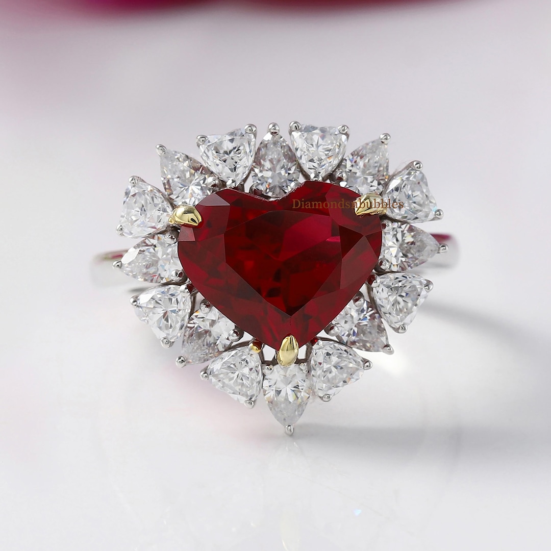 Heart Red Ruby Diamond Ring, Vintage Halo Ring, Two Tone 925 Silver ...