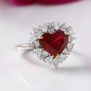 Heart Red Ruby Diamond Ring, Vintage Halo Ring, Two Tone 925 Silver ...