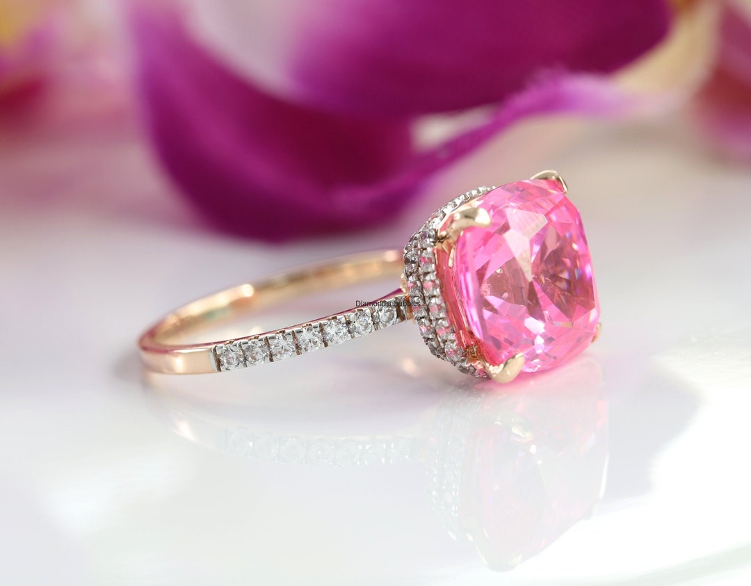 4.00 CT Pink Cushion Engagement Ring in Rose Gold Plated, Under Halo ...