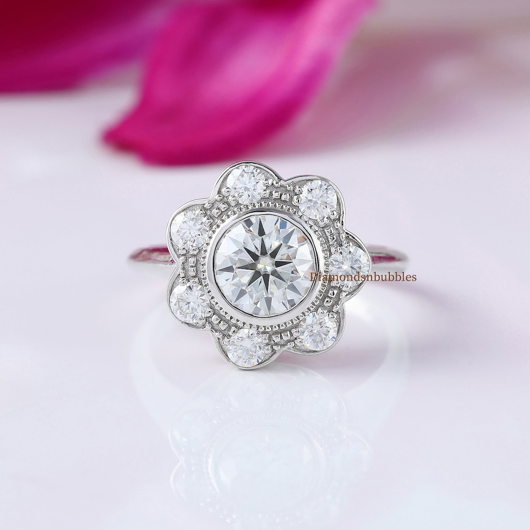 Vintage Style Moissanite Ring, Floral Style Halo Ring, Bezel Set ...