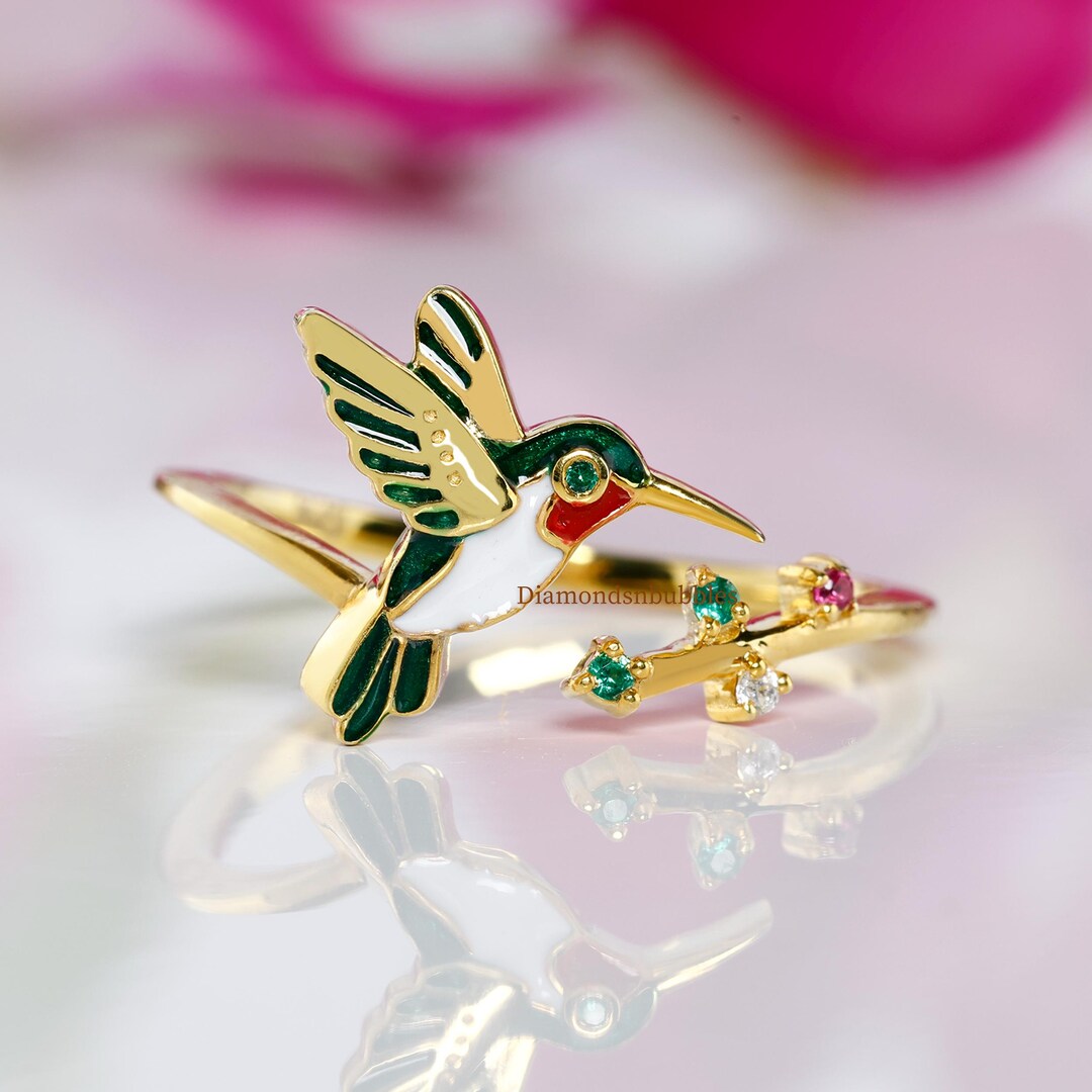 Minimalist Hummingbird Ring, Enamel Wing Ring, Adjustable Open Silver ...