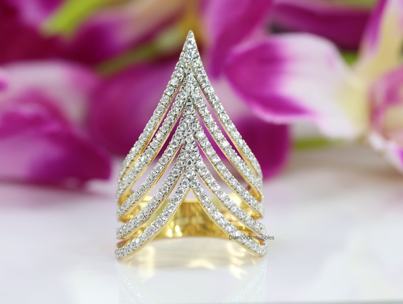 Five Row Deep V Shape Band, Round Diamond Engagement Wedding Ring ...