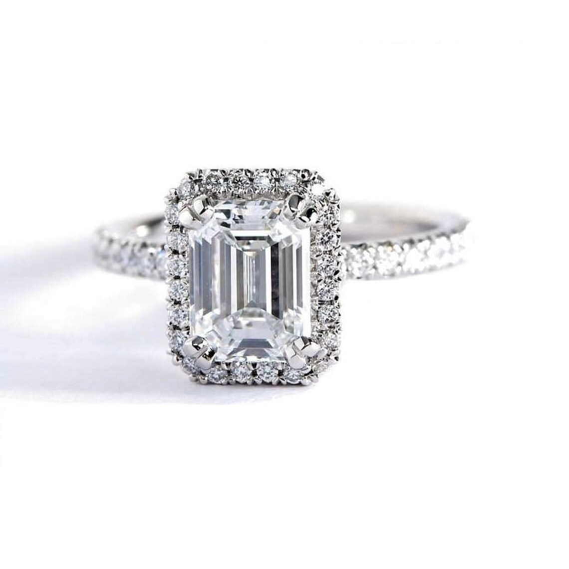 2 5 Ct Emerald Cut Moissanite Engagement Ring Halo Wedding Etsy