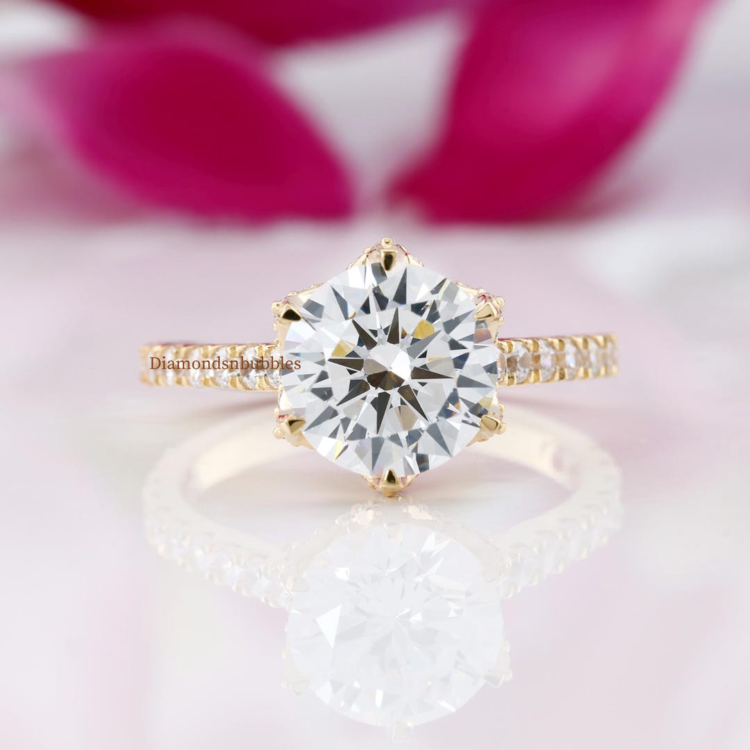 Vintage Tulip Set Moissanite Engagement Ring, 3CT Round Cut Moissanite ...