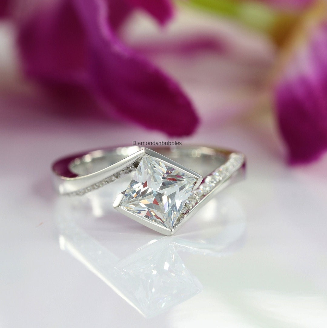 Princess Tension Set Ring, Princess Swirl Bypass Diamond Ring, 2.00 CT ...