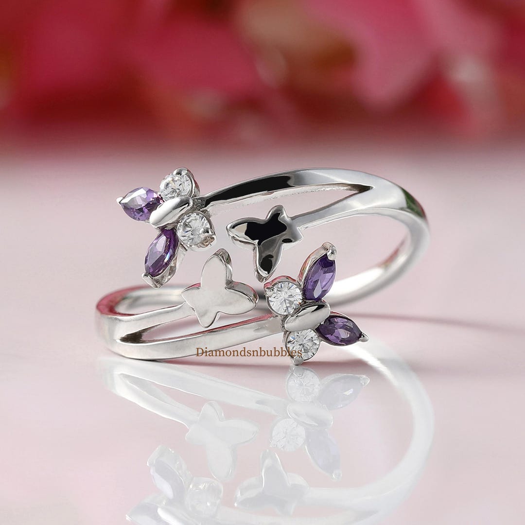 Crystal Butterfly Ring, Swirl Bypass Ring, Open Butterfly Ring, Purple ...