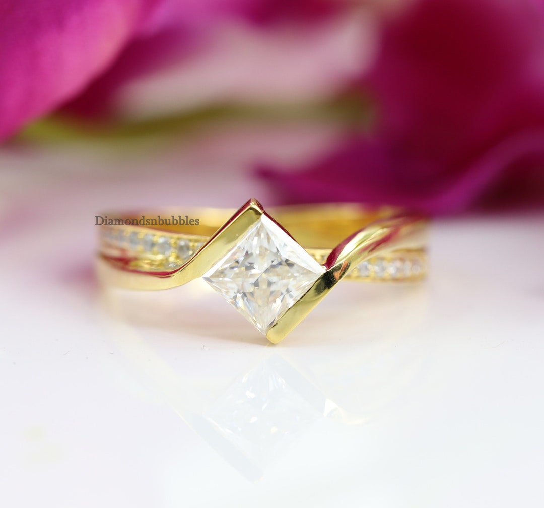 Swirl Bypass Diamond Ring, Twisted Ring, Half Bezel Set Ring, Princess ...