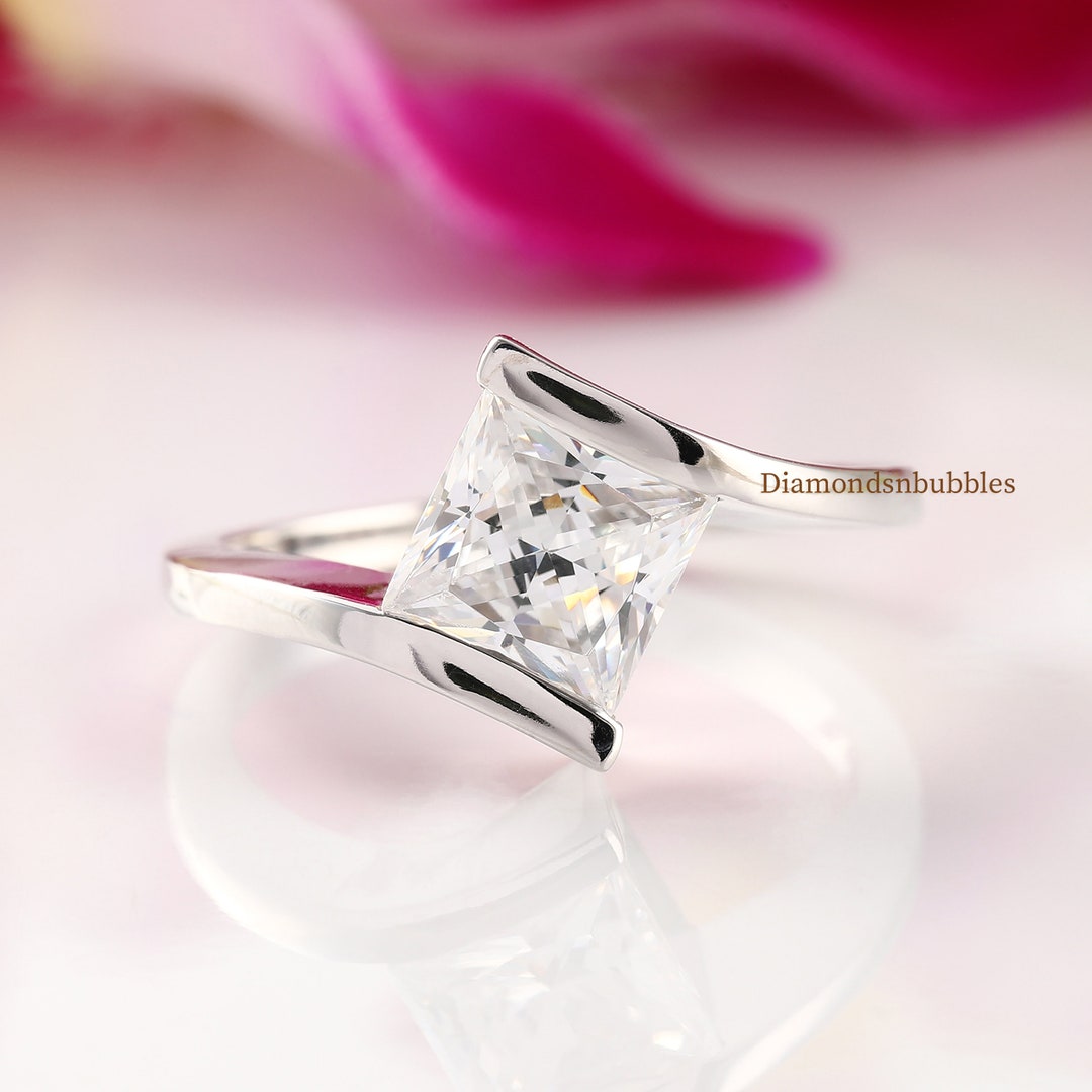 Tension Set Ring, Swirl Bypass Diamond Ring, 2.00 CT Princess Cut ...