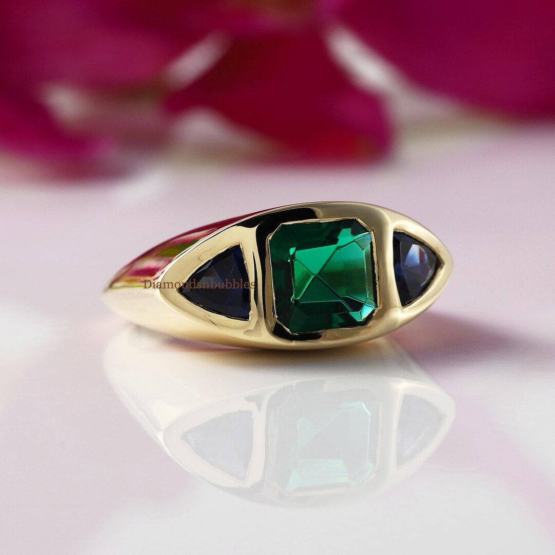 Flush Setting Three Stone Engagement Ring, Green Asscher Cushion ...