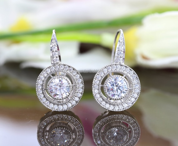 Vintage Art Deco Ohrringe Halo Ohrringe Lever Back Ohrringe Diamant im Rundschliff Antike Ohrringe 14K Gold uber Hochzeitsohrringe Etsy