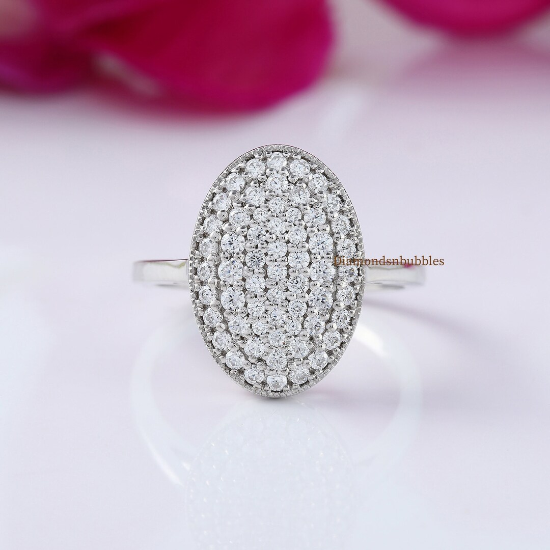 Oval Moissanite Cluster Engagement Ring, Bella Ring, Oval Pave Moissanite Cluster Ring, 14K ...