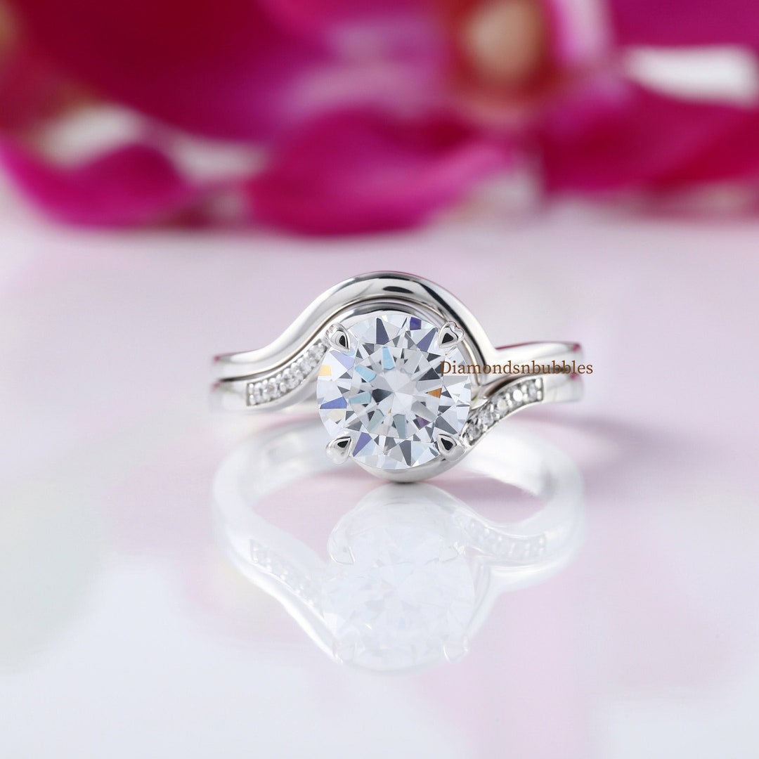 Swirl Bypass Engagement Ring, Bridal Set Ring, Tension Ring Set, 1 Ct ...