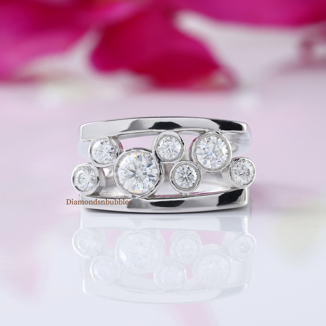 Raindrop Ring, Two Row Seven Stone Double Shank Bubble Ring, Round ...