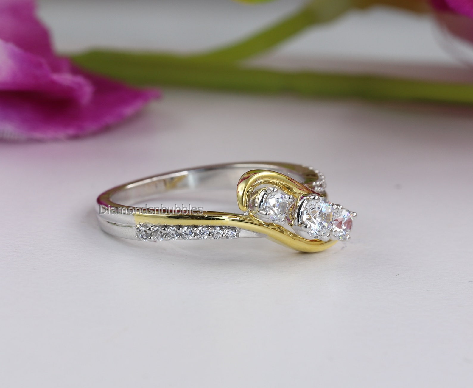 Three Stone Engagement Ring Bypass Diamond Ring Swirl Ring - Etsy