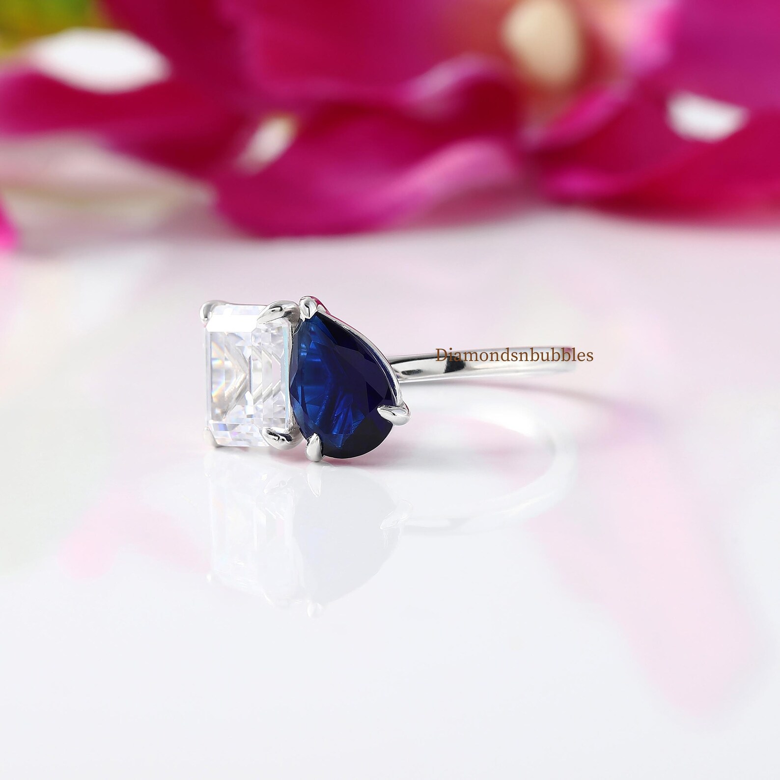 Toi Et Moi Wedding Ring, Emerald & Pear Cut Diamond Ring, Blue Sapphire ...