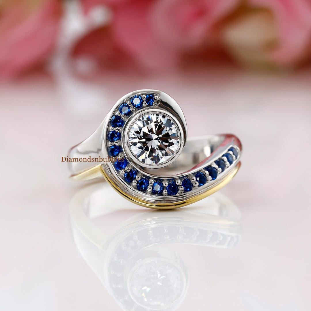 Swirl Bypass Ring, Antique Art Deco Ring, Round Diamond & Blue Sapphire ...