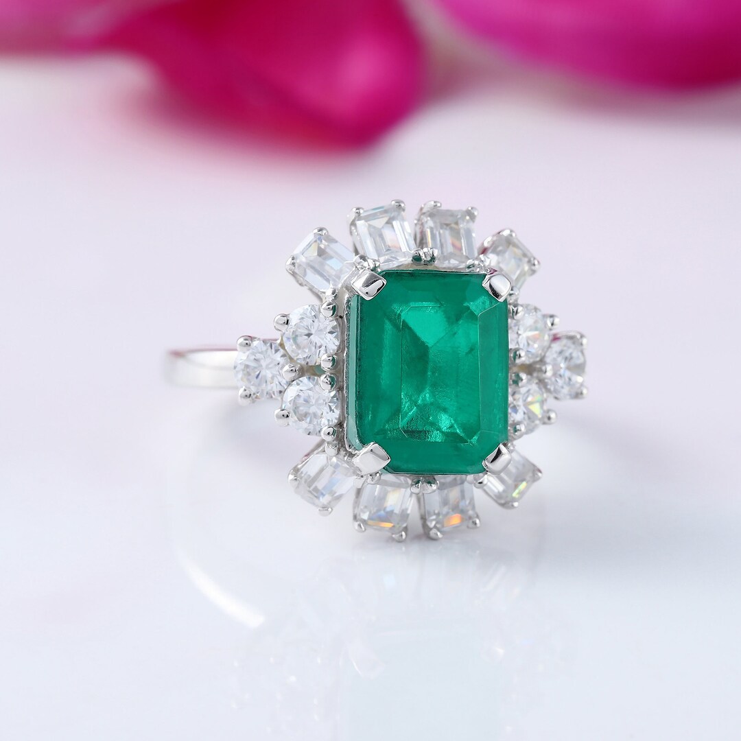 Green Emerald Cut Diamond Ring, Big Mount Engagement Ring, Emerald Art ...