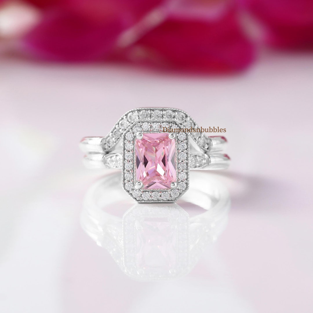 Halo Pink Diamond Ring Set, Emerald & Round Cut Diamond Engagement Ring ...