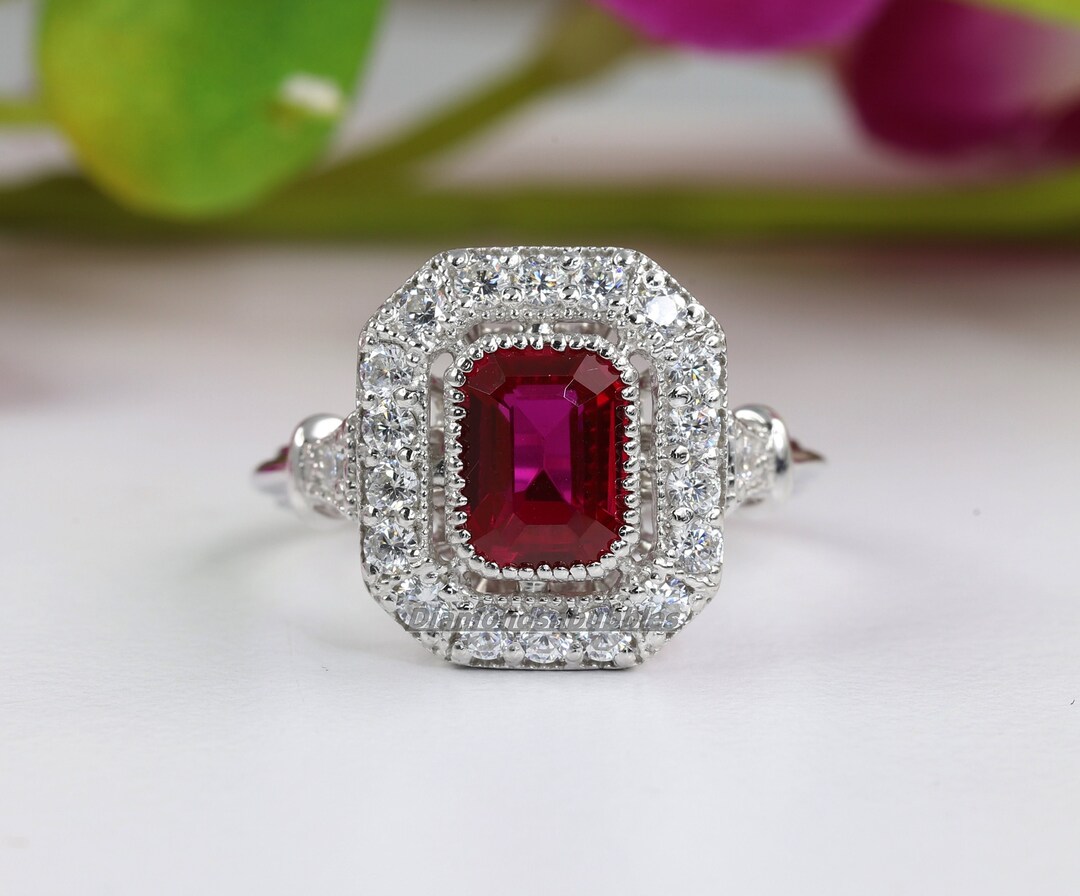 1930s Vintage 2.00 CT Ruby Emerald Cut Diamond Engagement Wedding Ring ...