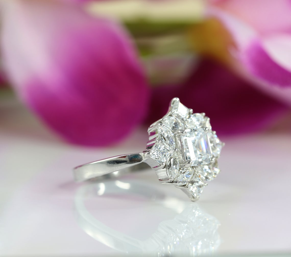 Asscher Cut Engagement Ring Halo Wedding Ring Marquise Cut - Etsy