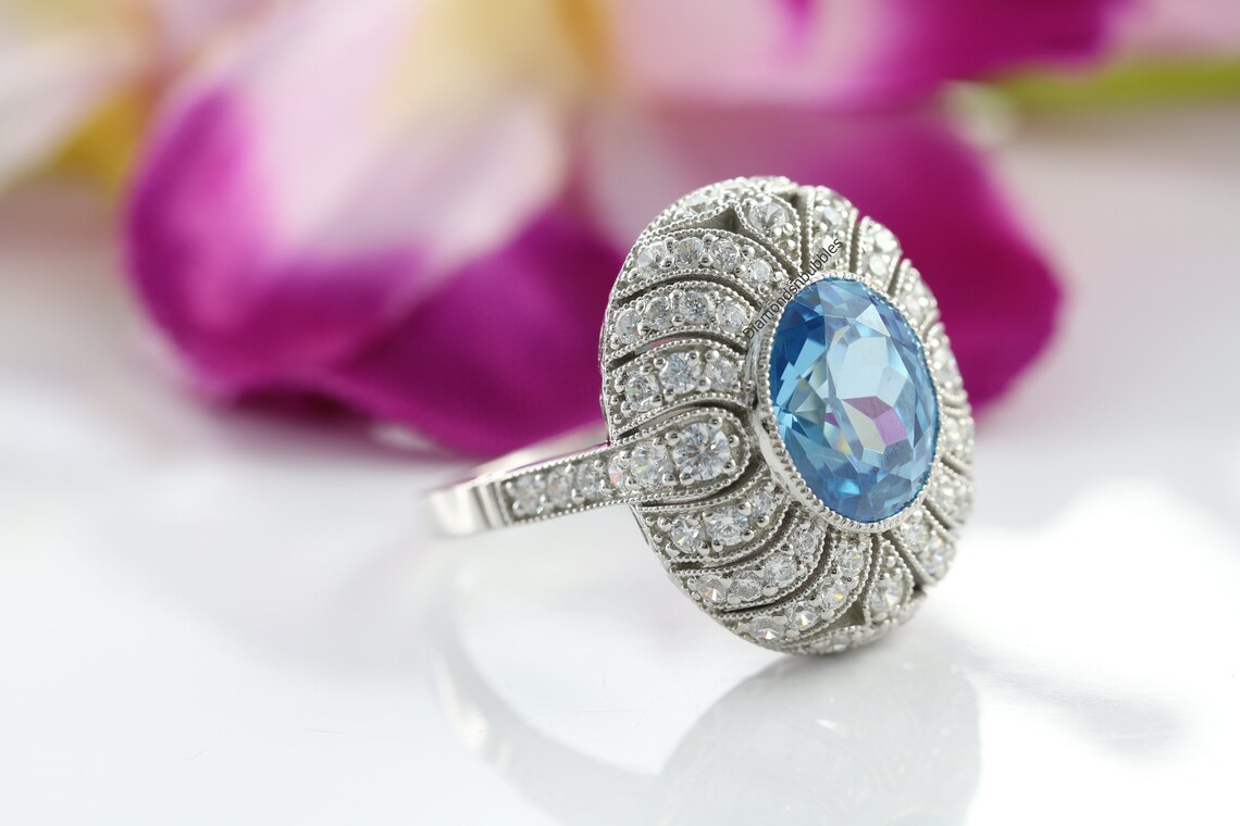 Aqua Blue Topaz & Diamond Engagement Ring Milgrain Set - Etsy