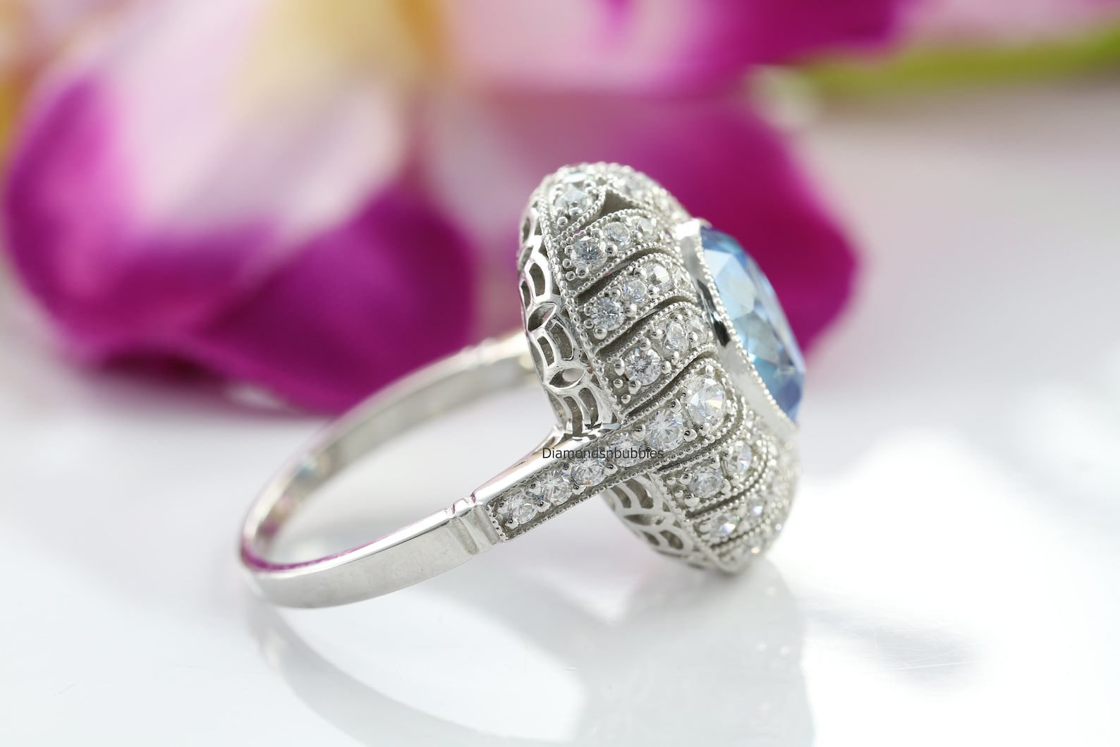 Aqua Blue Topaz & Diamond Engagement Ring Milgrain Set - Etsy