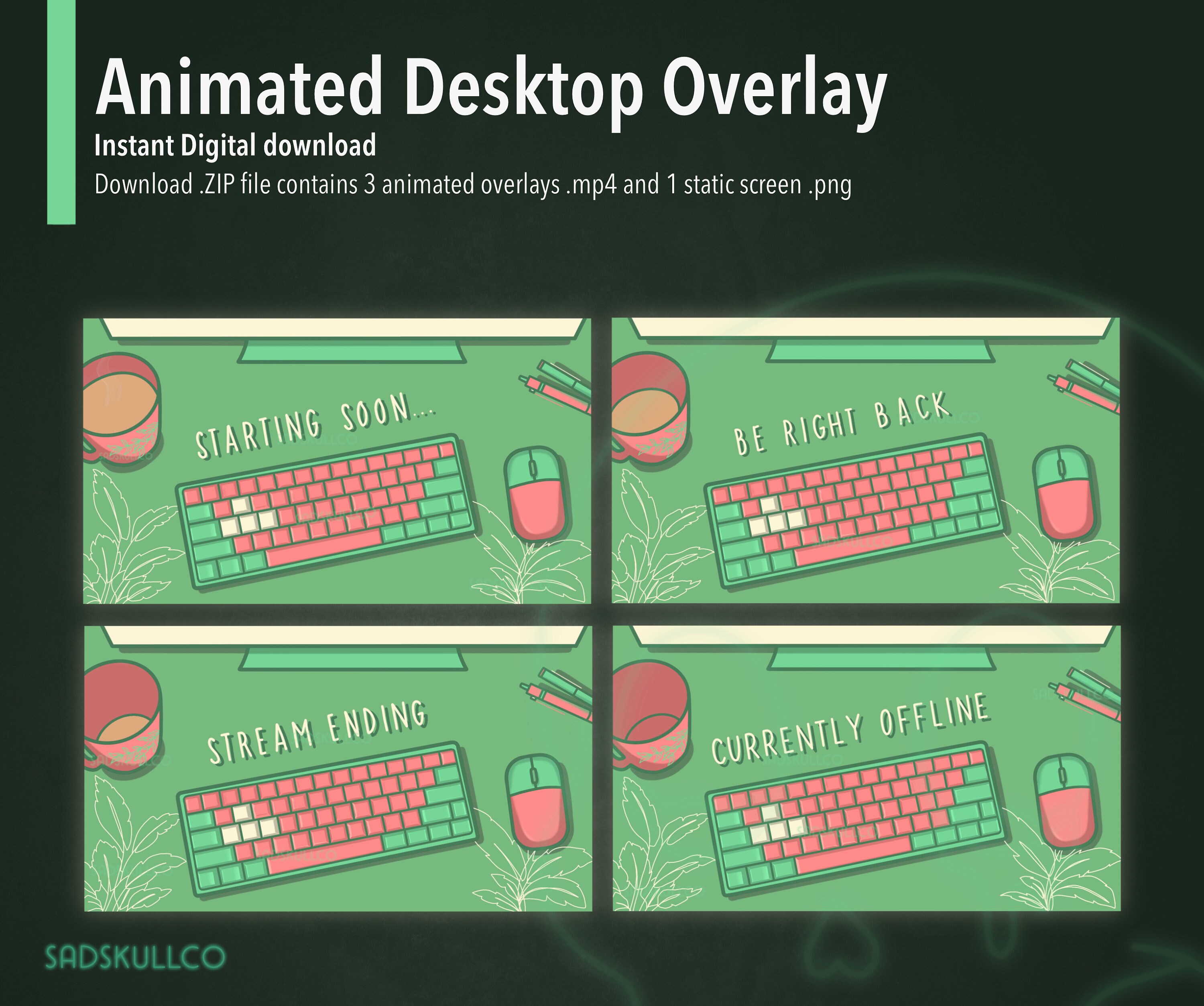 Cozy Animated Desktop Stream Overlay Set Watermelon Colorway / Lo-fi ...
