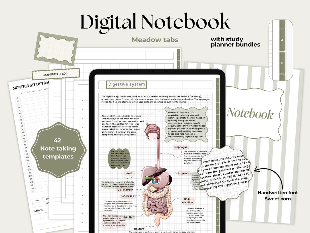 Meadow Digital Notebook: Hyperlinked Tabs, Study Templates (PDF) - Etsy