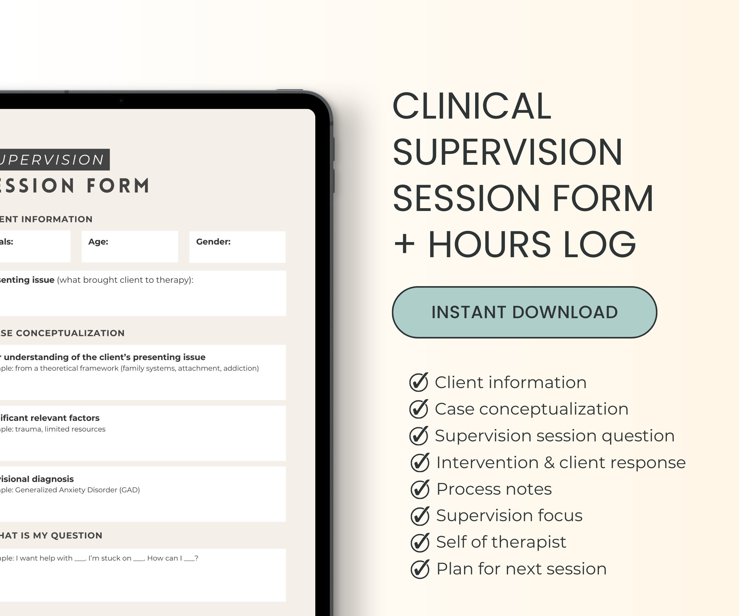 Clinical Supervision Session Form Supervision Hours Log New Therapist ...