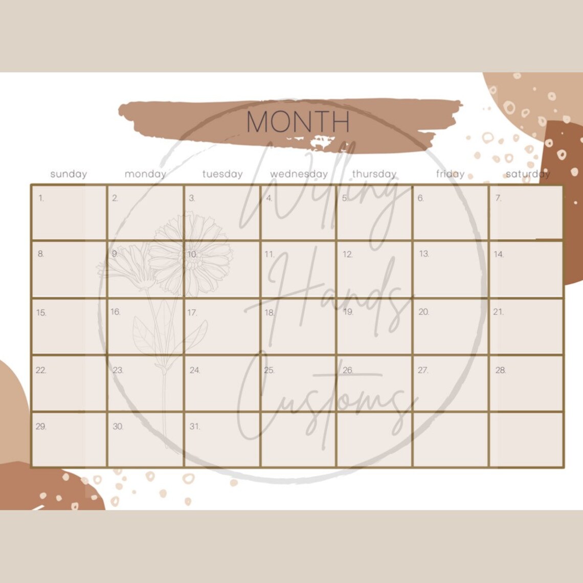 Editable Monthly Calendar/ Calendar Printable/ Boho Calendar/ Canva ...