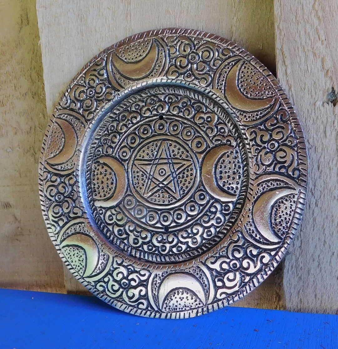 Wicca Incense Catcher Altar Plate Metal Pagan Triple Moons & Pentagram ...