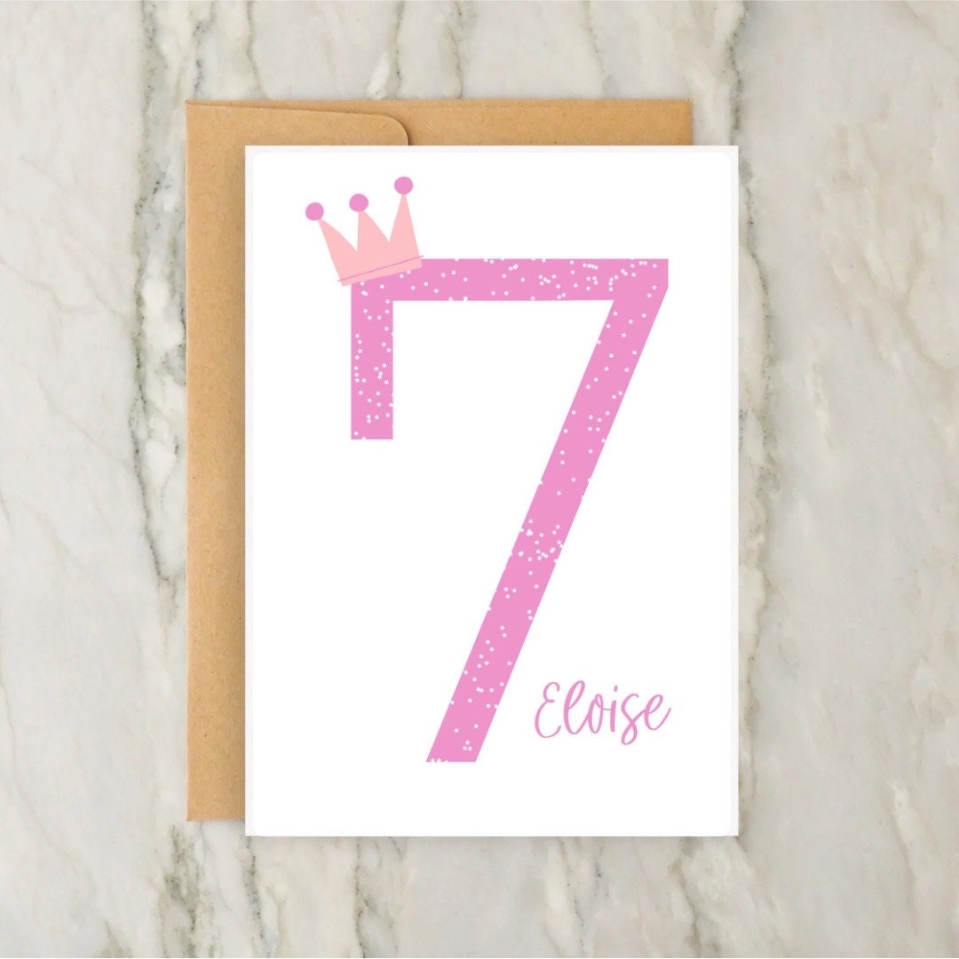7th Birthday Crown Card | Personalised Girls Greeting Card | Custom Age ...
