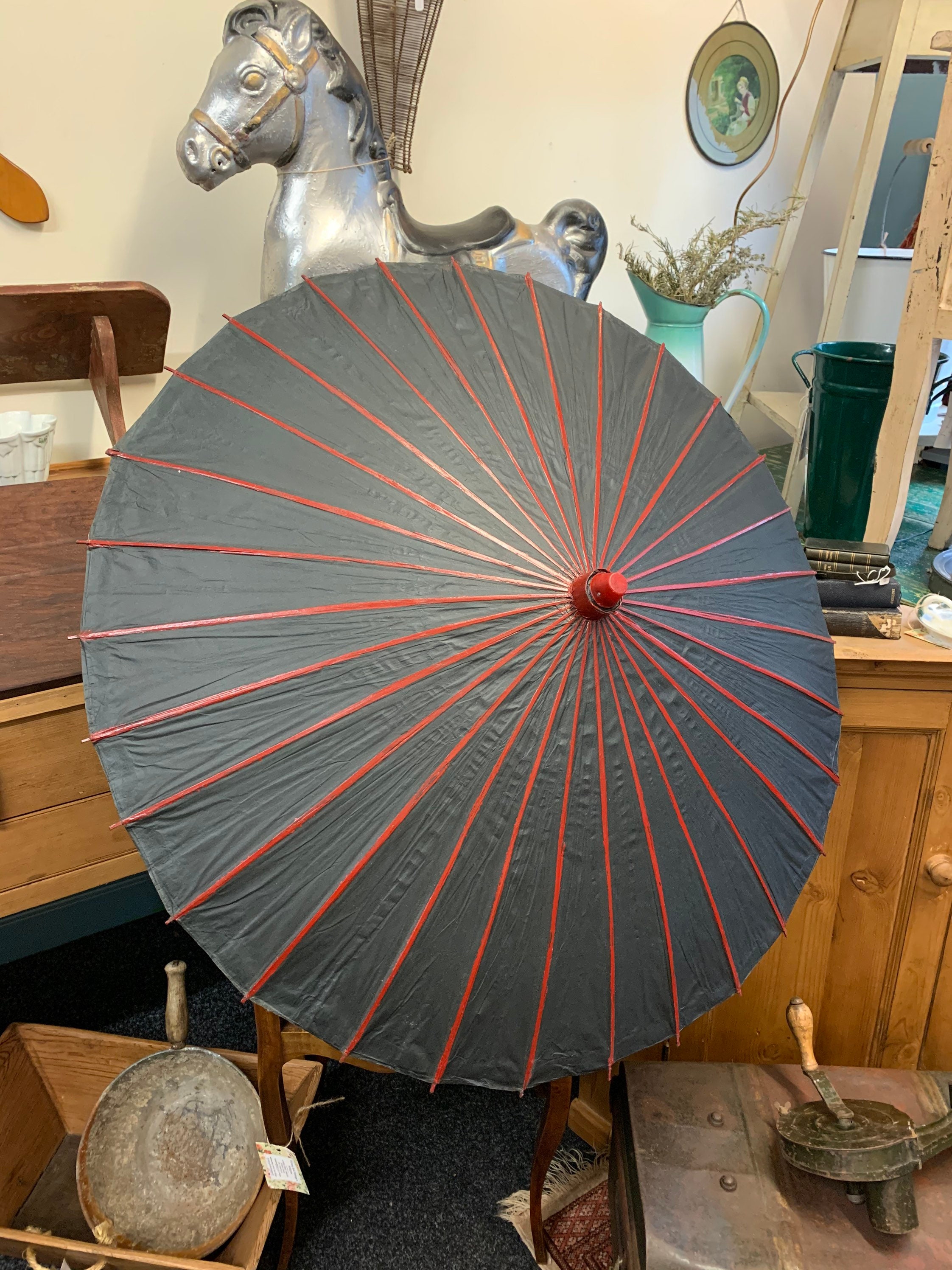 Vintage Handmade Black & Red Paper Parasol | Etsy