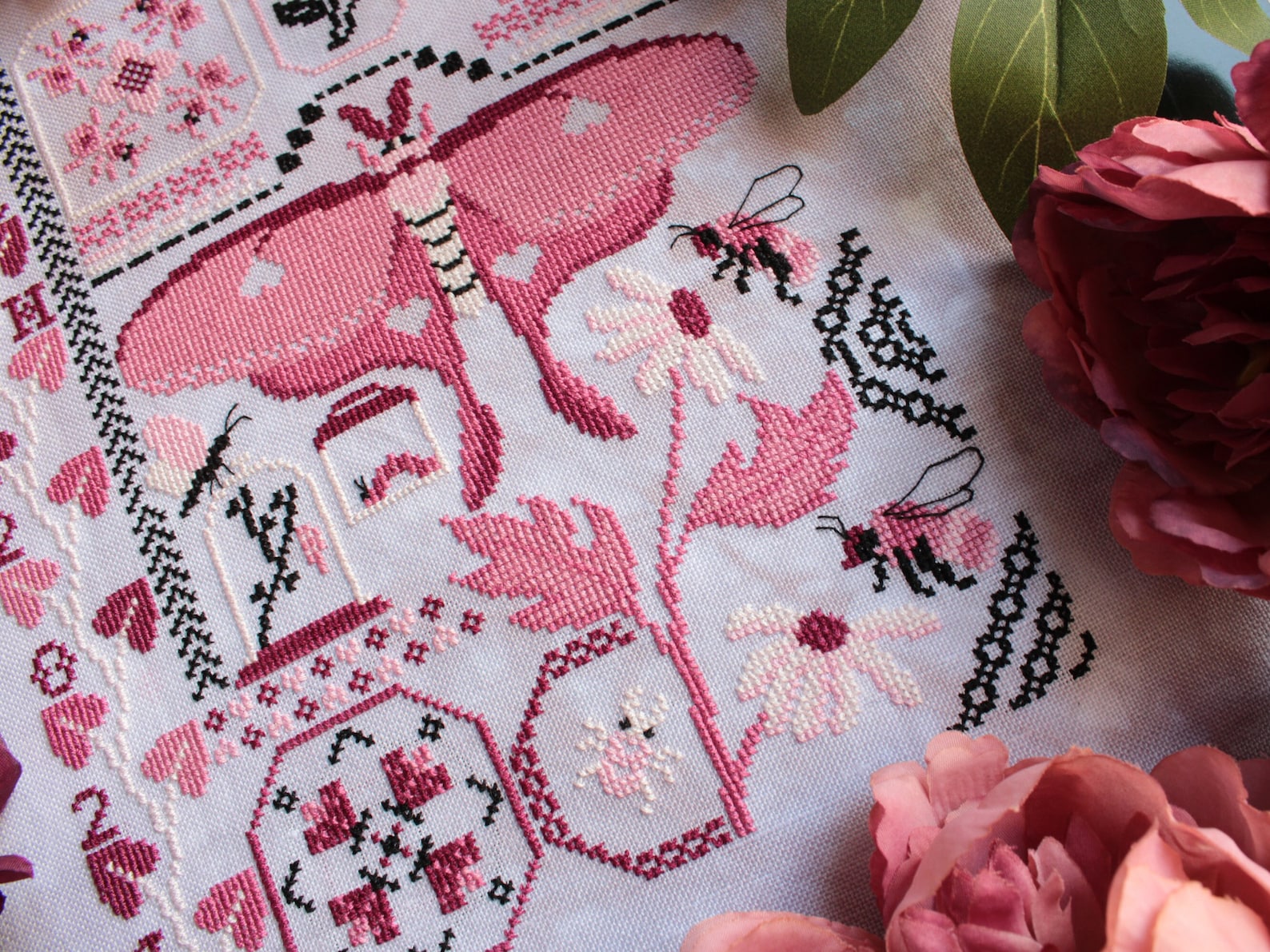 Luna Love Cross Stitch Pattern - Pink Insects and Luna Moth Valentine's ...