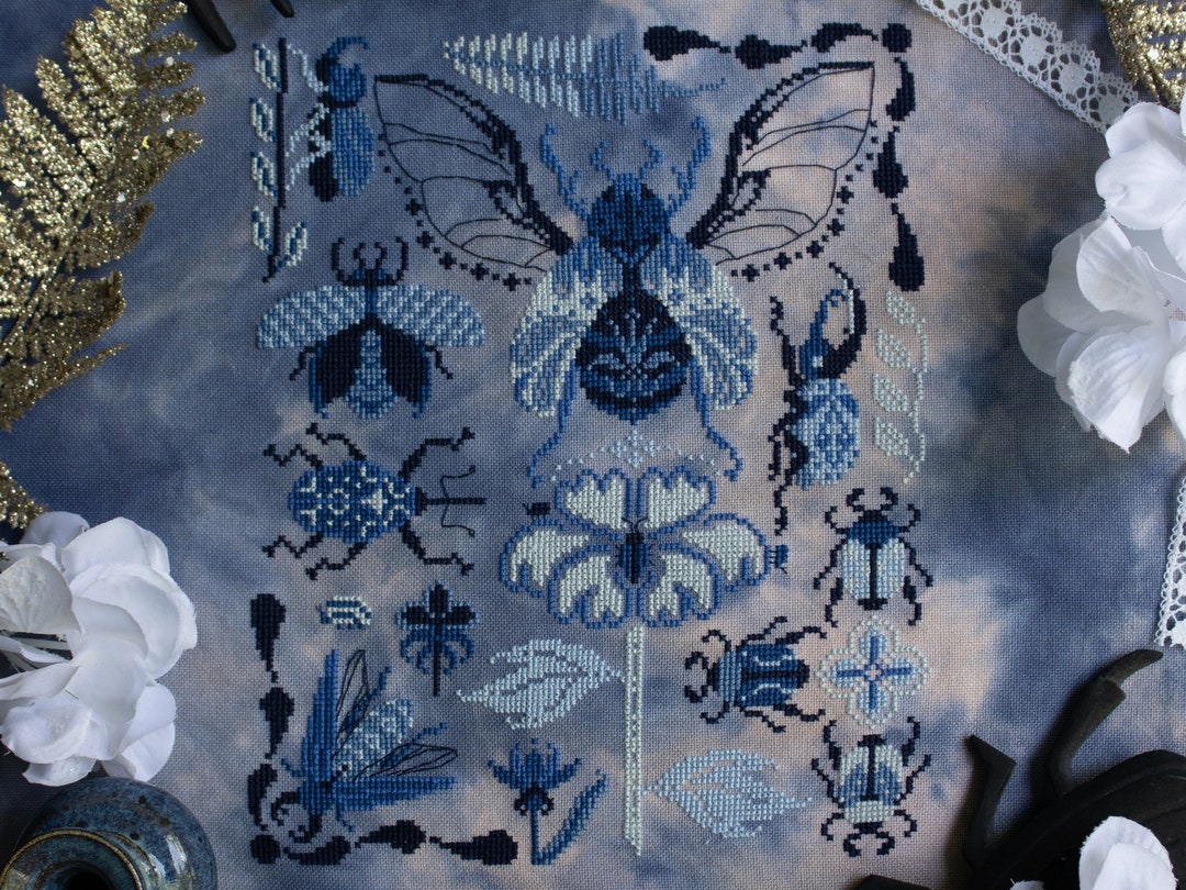 Delft Beetles Cross Stitch Pattern - Monochrome Royal Blue Insect and ...